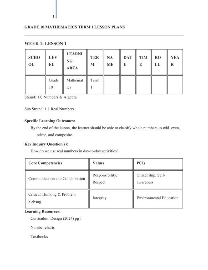 Grade 10 Mathematics Lesson Plans for Term 1 - Elimplex