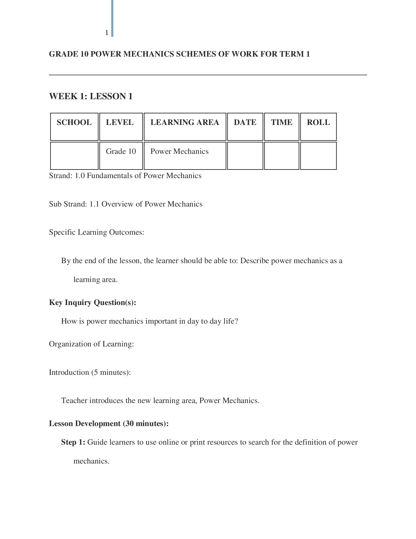 Grade 10 Power Mechanics Lesson Plans Term 1 - Elimplex