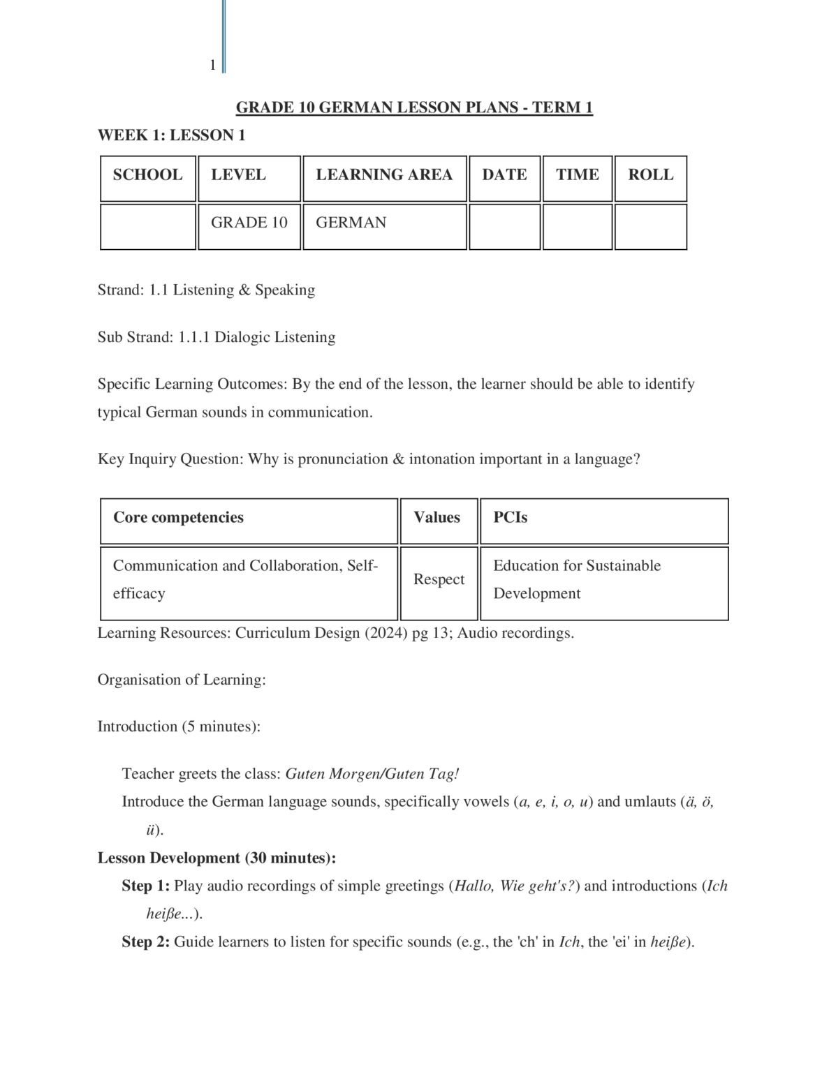 Grade 10 German Lesson Plans Term 1 - Elimplex