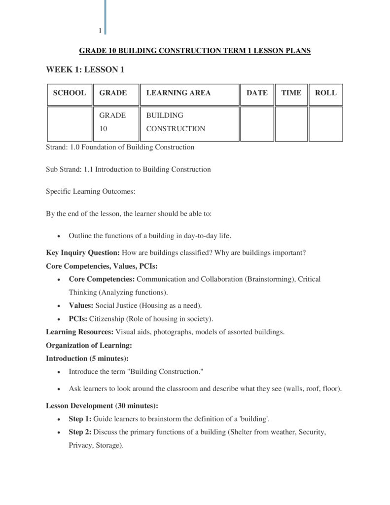 Grade 10 Building Construction Lesson Plans Term 1 - Elimplex