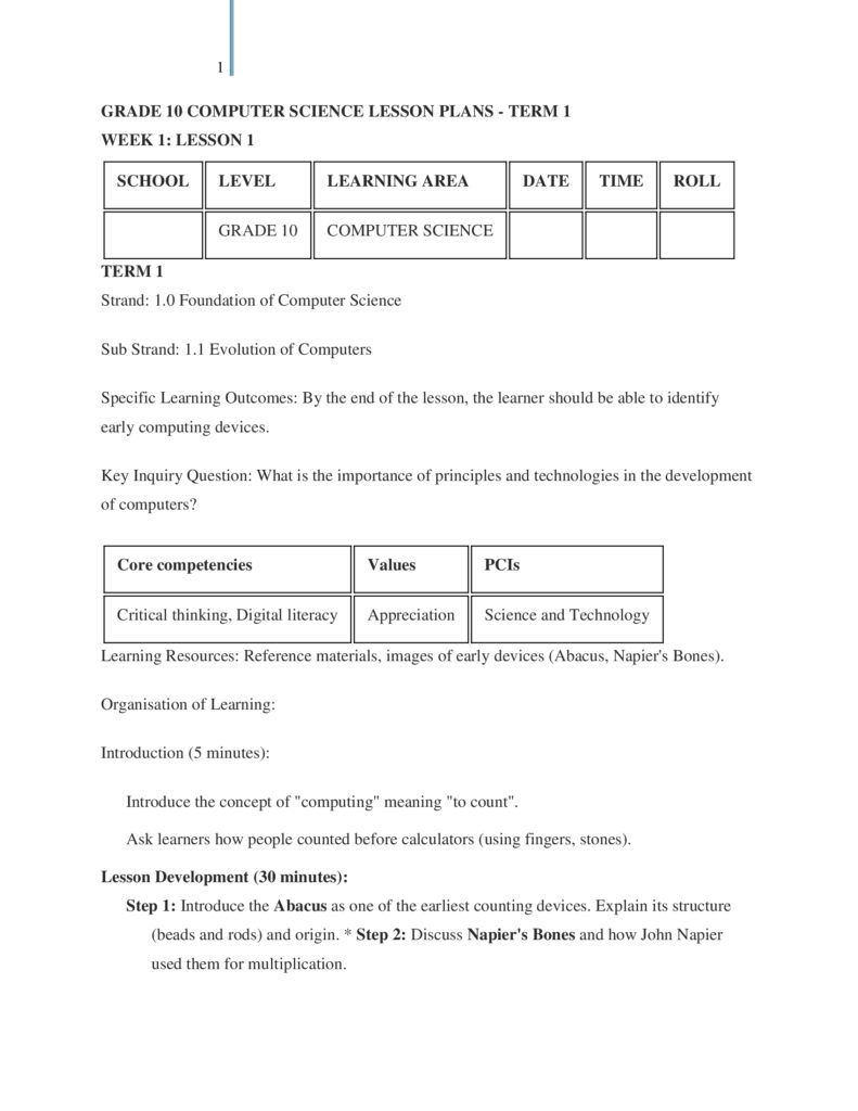 Grade 10 Computer Science Lesson Plans Term 1 - Elimplex
