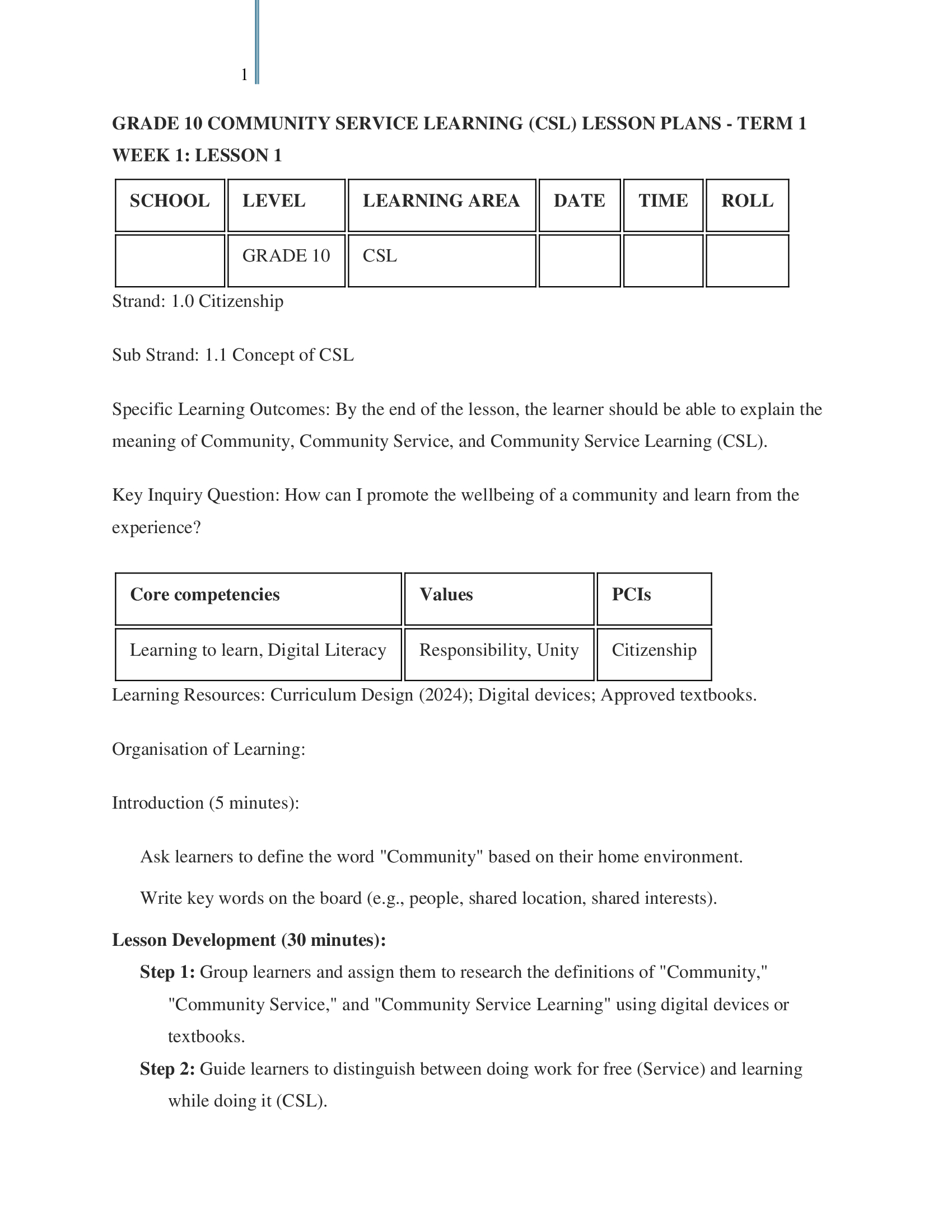 Grade 10 Community Service Learning Lesson Plans Term 1 - Elimplex