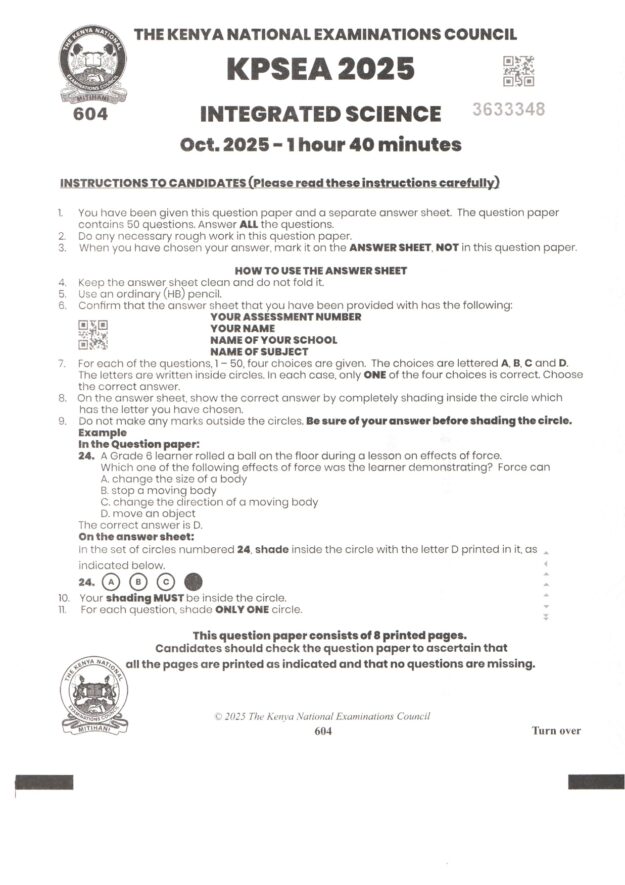 Grade 6 Integrated Science Past Paper 2025 (KPSEA) - Elimplex